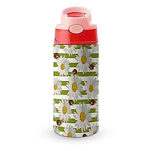 Kids Water Bottle with Straw Lid White Daisies And Ladybugs Print 12 Oz/350 Ml Stainless Steel Reusable Thermos Bottles