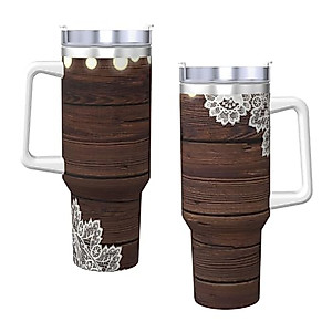 Xiexide 40oz Fits Cup Holder Travel Rustic Western Country Brown Lace Floral Wood Double Walled Vacuum Insulatedith Handle And Straw,Hot & Cold Drinks