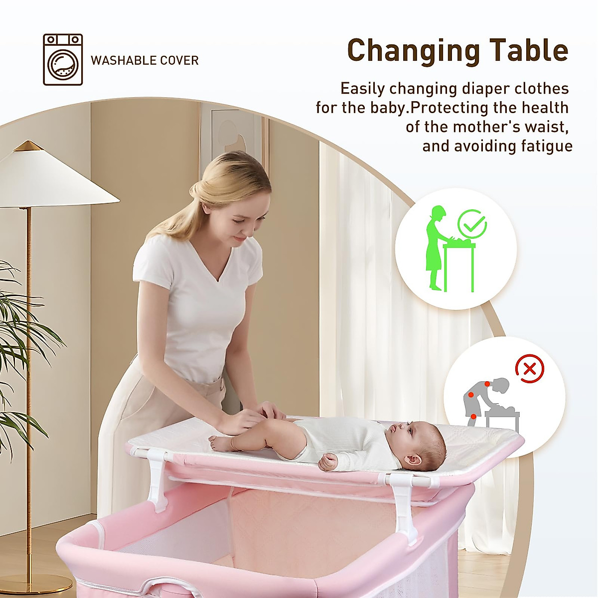 Uuoeebb 4 in 1 Bedside Bassinet for Baby, Portable Baby Bassinet with Wheels, Baby Crib with Changing Station, Mattress Included and Storage, Foldable Travel Bassinet for Baby/Infant/Newborn-Pink