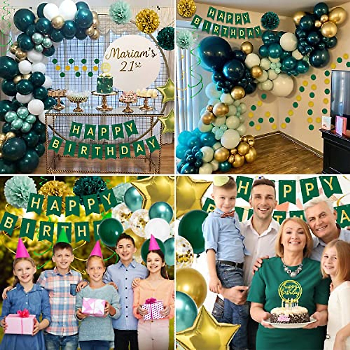 Birthday Decorations, Green Gold Birthday Party Decorations for Boy Girls Men Women, Birthday Balloons with Happy Birthday Banner, Paper Pompoms, Confetti Balloons for Birthday Party Decorations
