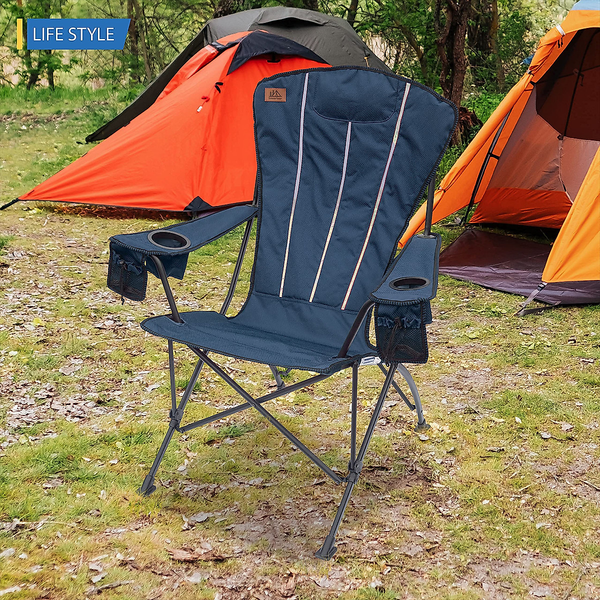 Outdoor-Forest HIGHBACK Adirondack Folding, Portable camping chair,Built in pillow. Two cup holder, Extra storage mesh pocket (Navy)