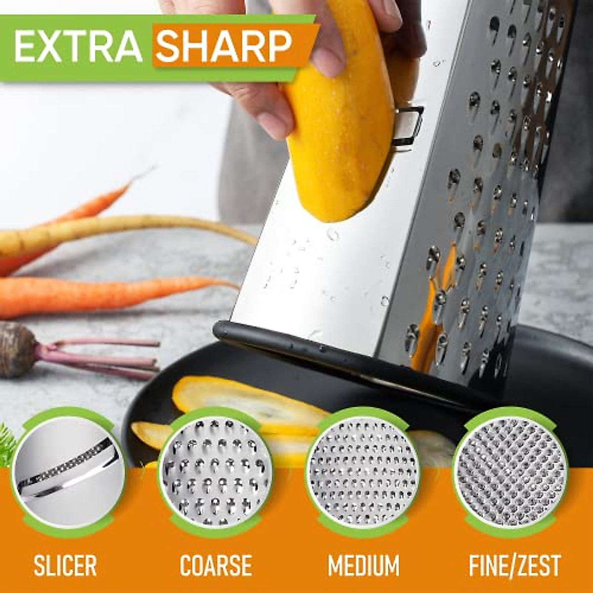 Spring Chef Box Grater, Stainless Steel with 4 Sides, Best for Parmesan Cheese, Vegetables, Ginger, Large Size