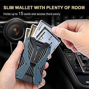 Poaivel Men's Minimalist Credit Card Holder, Metal Money Clip Wallet with Clear ID Badge Holder, Carbon Fiber Wallet, Ultra-Thin Tactical Wallet, Holds 16 Cards Plus Cash (Navy Blue)