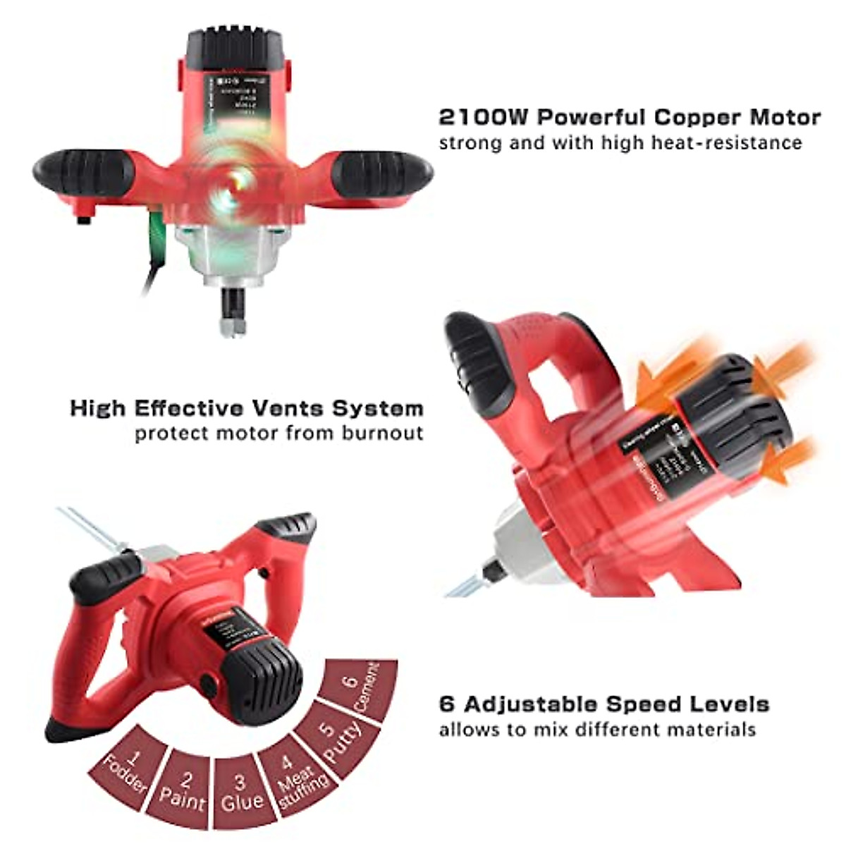 BriSunshine Electric Handheld Cement Mixer,2100W Concrete Paint Mixer Drill,Portable Mud Mixers for Mixing Mortar Plaster,6 Speed Adjustment 110V(UL Certified)