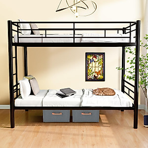 Cyranture Bunk Bed Twin Over Twin Size Convertible Bunkbed Metal Bunk Beds with Ladder & Guardrail Heavy Duty Beds Frame for Teens Adults Dorm Bedroom Guest Room, Black