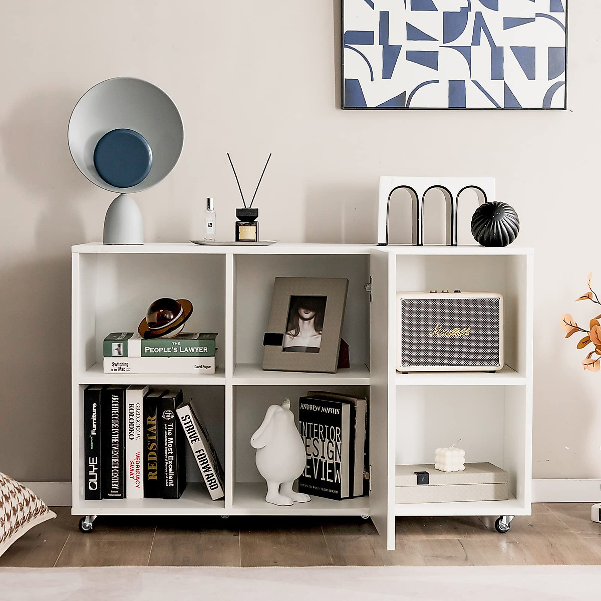 Tangkula Wood Bookcase with Wheels, Mobile Storage Cabinet w/ 6 Cubes, Printer Stand w/Open Shelf, Large Lateral Filing Cabinet, Multifunctional Storage Bookshelf for Home Office Study (White)