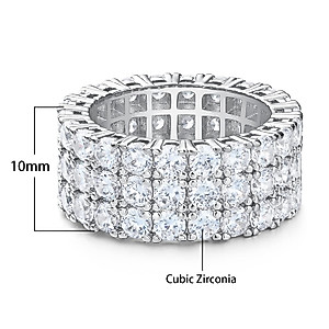 Gemsme 3 Row Cubic Zirconia Ring, 14K White Gold 3 Row Cubic Zirconia Eternity Statement Ring for Women (White Gold Plated, 7)