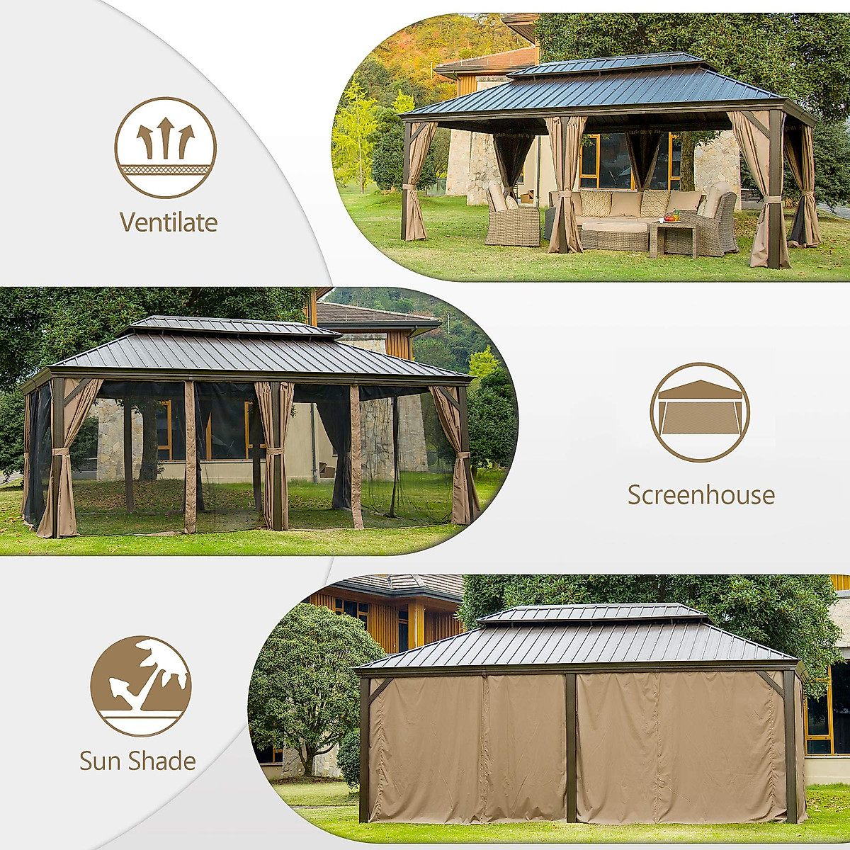 Domi Outdoor Living 14’ X 20’ Hardtop Gazebo, Outdoor Aluminum Frame Canopy with Galvanized Steel Double Roof, Outdoor Permanent Metal Pavilion with Curtains and Netting for Patio, Backyard and Lawn