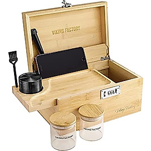 Viking Factory Decorative Box Set with Combination Lock - Premium Large Bamboo Storage Box Removable Tray Brush, Wooden Storage Roll Kit with All Accessories (Sliding Tray)
