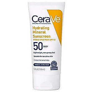 CeraVe 100% Mineral Sunscreen SPF 50 | Body Sunscreen with Zinc Oxide & Titanium Dioxide for Sensitive Skin | With Hyaluronic Acid and Ceramides | 5 oz