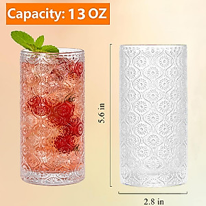 Vintage Glassware Highball Drinking Glasses - 13 Oz Cocktail Glasses Set of 6 Floral Glass Cups Embossed Cocktail Juice Water Coffee Cups - Lead-Free & Dishwasher Safe - Ideal Gifts