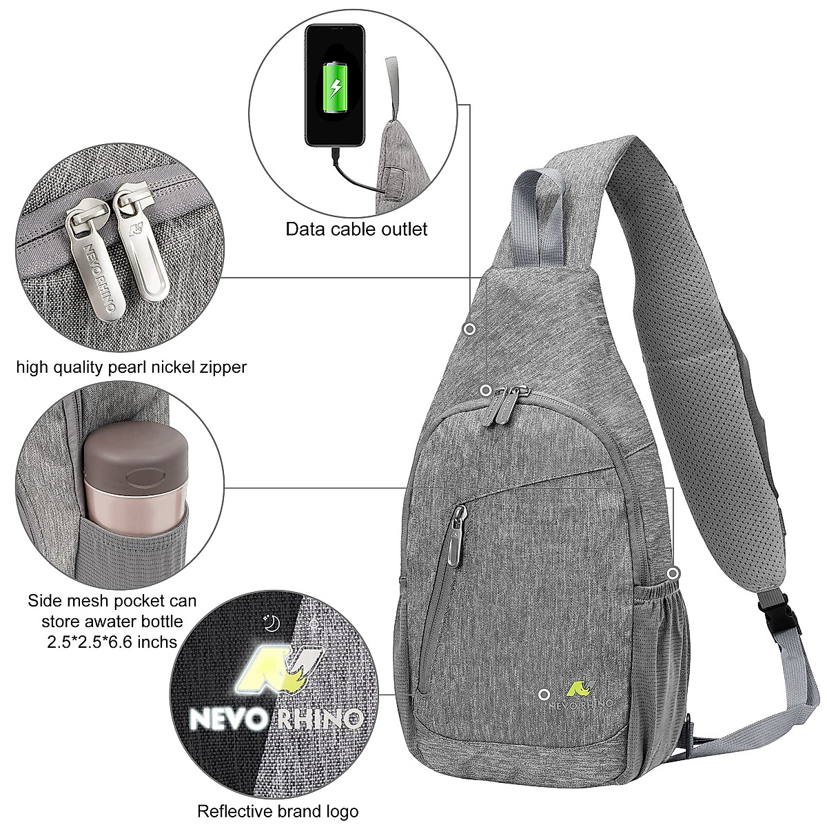 N NEVO RHINO Casual Crossbody Sling Backpack Sling Bag Travel Hiking Chest Bag Daypack Outdoor Sports Small Cross Body Bags for Men, Women