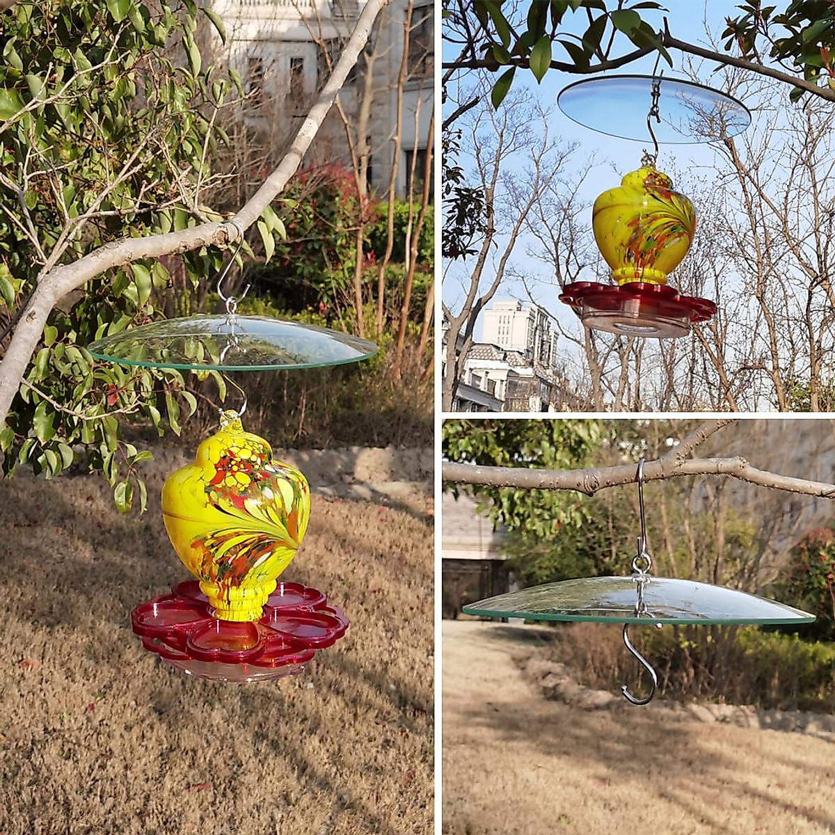 10" Glass Rain Cover for Wild Bird Feeder Outdoors - Weather Guard S Hook Hanging - Protective Dome Baffle - Clear (Dia. 25CM)