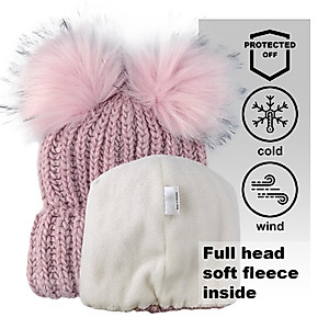 Braxton Beanie Women - 2 Pom Cable Knit Winter Warm Fleece Hat - Wool Snow Cuff Pink Ski Cap