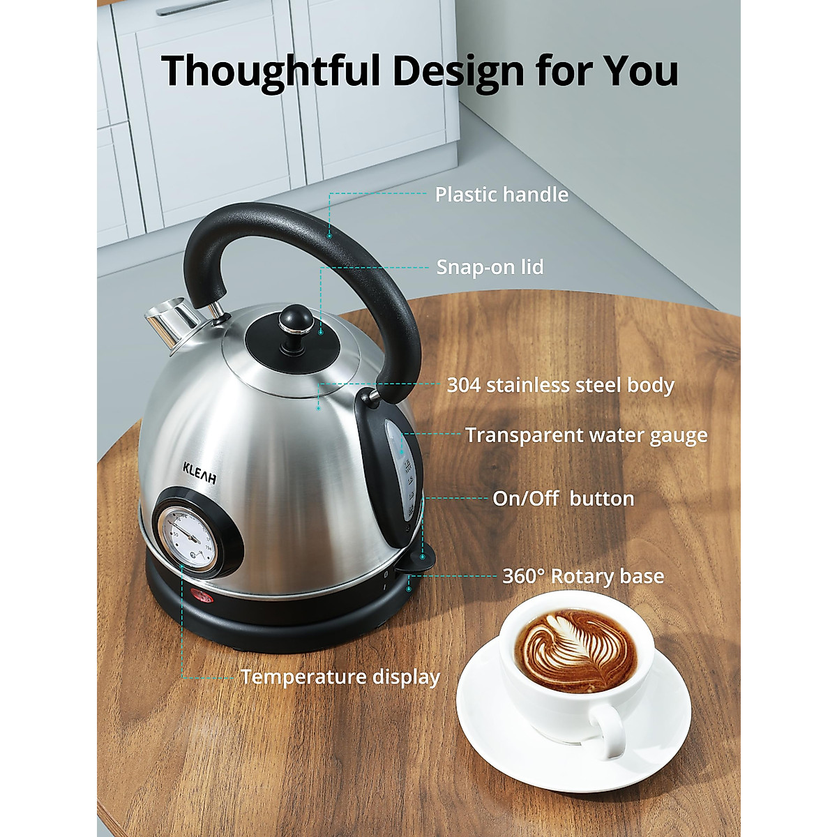 Retro Electric Water Kettle 1.8L Stainless Steel for Boiling Water with Temperature Gauge, Visible Water Level Line, Led Light, Auto Shut-Off & Boil-Dry Protection, 1500W Fast Heating