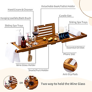 Axeman Teak Bathtub Tray - Bathtub Caddy for Luxury Bath Foldable Bath Tray Bath Tub Accessories with Expandable Handles Wine Glass Phone Holder Book Stand for Home Spa Relaxing and Reading，Natural