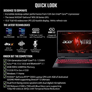 Acer Nitro 5 AN515-58-525P Gaming Laptop | Intel Core i5-12500H | NVIDIA GeForce RTX 3050 Laptop GPU | 15.6" FHD 144Hz IPS Display | 8GB DDR4 | 512GB PCIe Gen 4 SSD | Killer Wi-Fi 6 | Backlit Keyboard