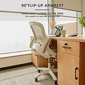 HYLONE Office Chair, White Computer Desk Chair, Mid-Back Task Chair Swivel, Flip-up Arms, Lumbar Support, Adjustable Height, Grey Mesh