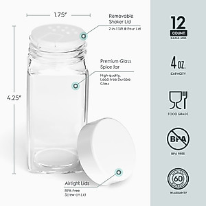 Tafts SQUARE Glass Spice Jars & Bottles l 33% Thicker - 12 Pcs Glass Spice - 3 oz or 4oz Empty Glass Spice Seasoning Containers l Shaker Lids and Airtight Caps l Aluminum Finish (Square, White)