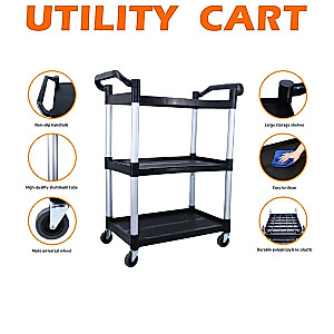 Abacad Plastic Utility Cart with Wheels Lockable, Heavy Duty Restaurant Cart, Service Cart for/Home/Office/Warehouse/Kitchen/Workshop,390 Lbs,2 Handles, Black.