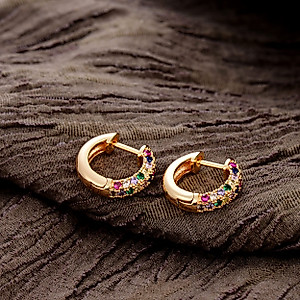 MEVECCO Dainty Women Gold CZ Huggie Hoop Earrings 18K Gold Plated White Multicolor Diamond Cubic Zriconia Inlay Sleeper Tiny Delicate Boho Beach Simple Handmade Jewelry for Her