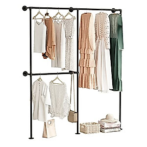 DR.IRON Industrial Pipe Clothing Racks with Double Bar, Industrial Black Clothes Racks Wall Mounted, Heavy Duty Closet Rods for Hanging Clothes Organizer Storage