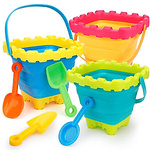 7 PCS Castle Foldable Beach Sand Buckets Toy Set with Shovels Scoop Sifter for Kids, 3L Silicone Collapsible Bucket Pails for Toddler, Summer Toy, Sandbox Kit Camping Gear Beach Essential Gift
