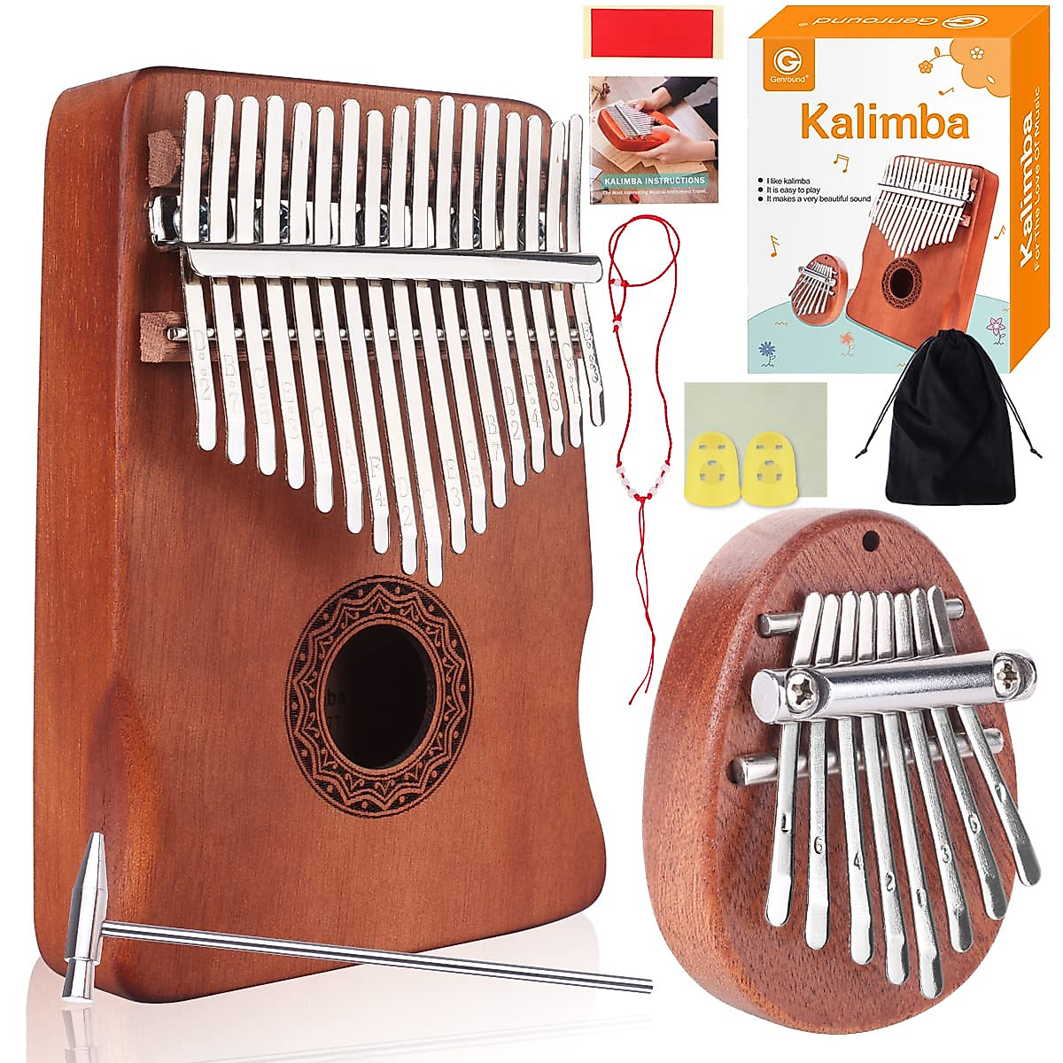 Genround Kalimba Thumb Piano & Finger Instrument Bundle, 17 Keys & 8 Keys Piano with Beginner's Study Instruction, Portable Thumb Piano for Kids and Adults, Includes Tuning Hammer