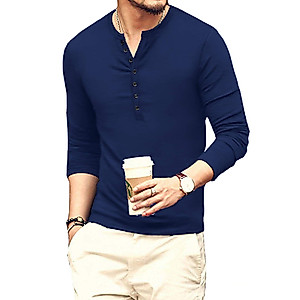 YTD Mens Casual Slim Fit Basic Henley Long Sleeve Fashion T-Shirt S Navy