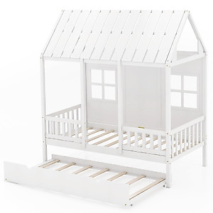 KOMFOTT Twin Size House Bed with Trundle, Wood Kid’s House Bed Frame with Roof, Windows, Fence Rails, Playhouse Bed Frame with Sturdy Bed Slats for Boys & Girls, No Box Spring Needed (White, Twin)