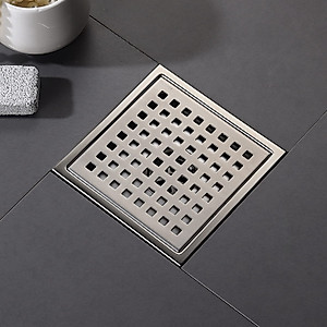 SISEHO 6 Inch Shower Drain Brushed Nickel Square With Adjustable Shower Drain Base Flange SUS304 Stainless Steel Floor Drain Cover Removable Mesh Grille