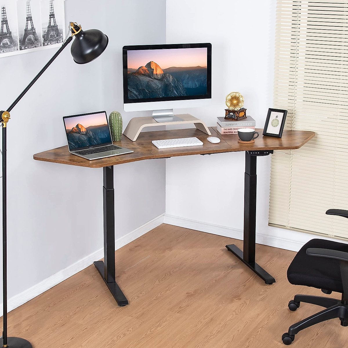 Utureal 71 Inch Electric Standing Desk Dual Motor, Wing Shaped Height Adjustable Corner Desk for Home Office, Ergonomic Stand Up Desk with 3 Memory Presets, Brown Top Black Frame Sit Stand Workstation
