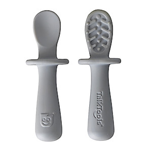 TalkTools ITSY Tiny Silicone Spoons – Twin Pack Soft Silicone Self-Feeding Training Spoons for Kids & Toddlers, Anti-Choking Flange Guard and Non-Slip Handle (Cloud)
