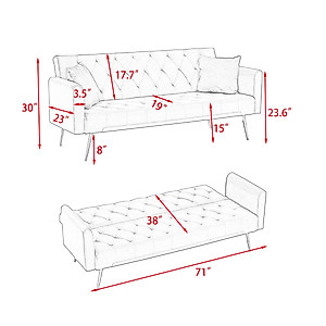 Anwickhomk 71" Modern Velvet Futon Sofa Bed, Convertible Double Sleeper Loveseat,Folding Recliner Couch with Adjustable Backrest/Armrests/Metal Legs for Living Room and Small Space (Pink)