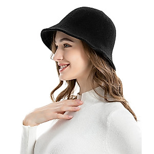 ZLYC Womens Winter Wool Bucket Hats Warm Solid Fedora (Black)