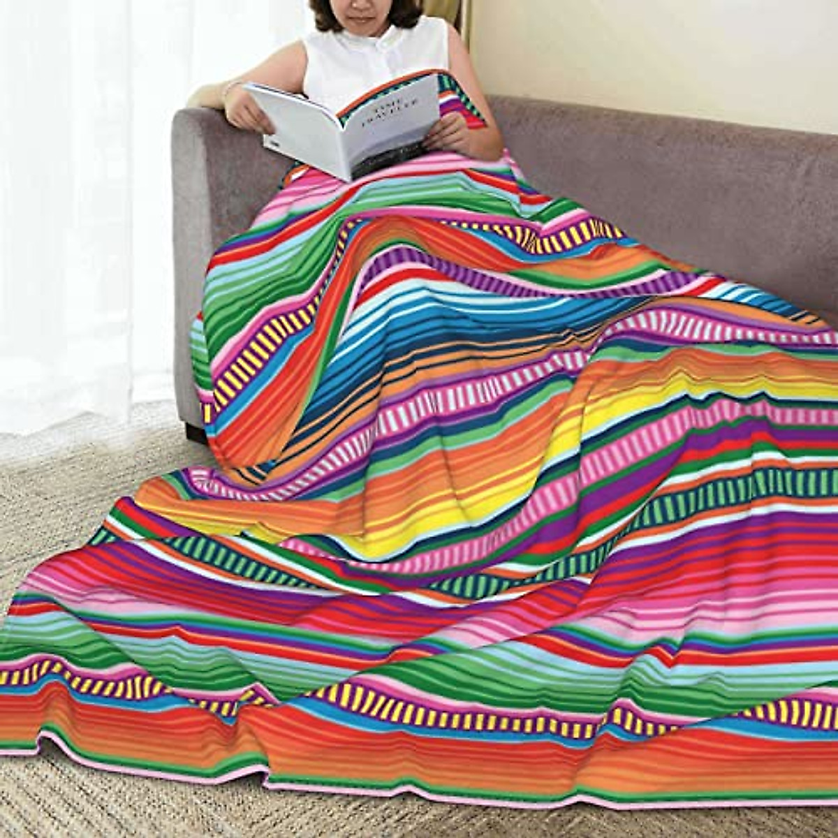 Mexican Blanket Serape Stripe Pattern Colorful Full Fleece Throw Cloak Wearable Blanket Flannel Fluffy Comforter Quilt Nursery Bedroom Bedding King Size Plush Soft Cozy Air Conditioner Blanket