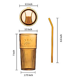 BLUEPOLAR 20oz Glass Cups with Lids and Straws, Iced Coffee Tumbler Reusable Bubbly Tea Cups, Smoothies Glass Cups with Wide Mouth and Thicken Wall/Amber