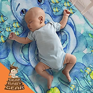 Dear Baby Gear - Ocean Baby Blanket - Double-Layered Ocean Theme Swaddle - Soft Plush for Girls & Boys - Adorable Octupus with Fish Design - Beach-Inspired, Light Blue Minkies (40 x 30 inches)