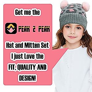 PEAK 2 PEAK Girls Hat and Fingerless Gloves Winter Set, Leapord with Plush Pink Pompoms - Age 4-12 Years
