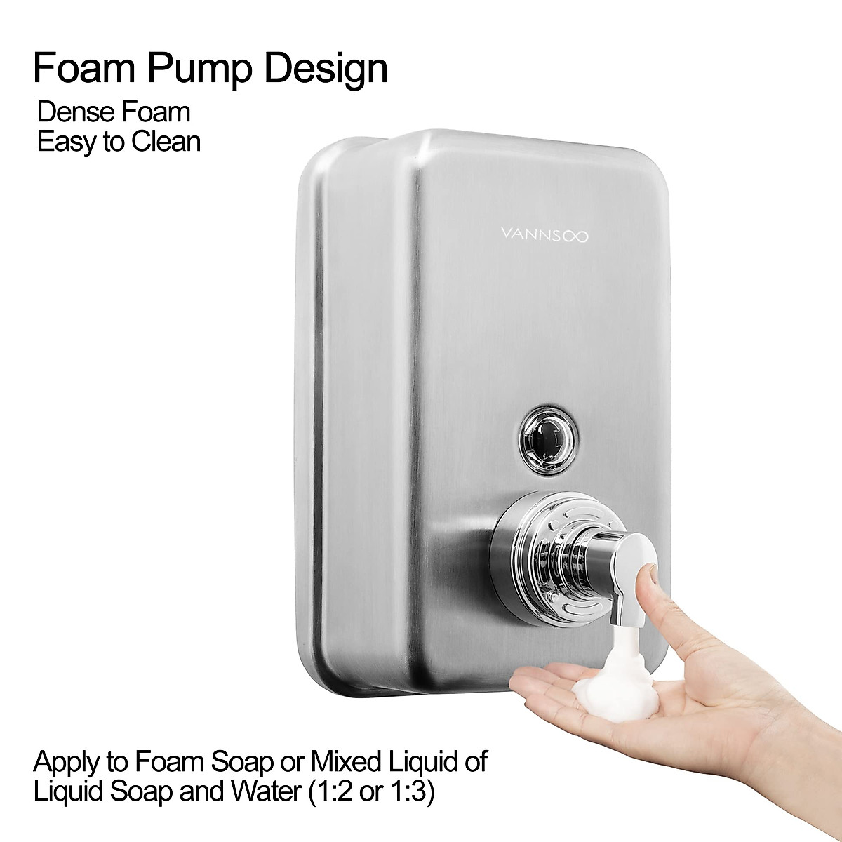 VANNSOO Commercial Wall Mount Stainless Steel Foaming Soap Dispenser, 40 oz (1200ml) Industrial Refillable Foam Hand Sanitizer Dispensers for Bathroom and Kitchen Brushed