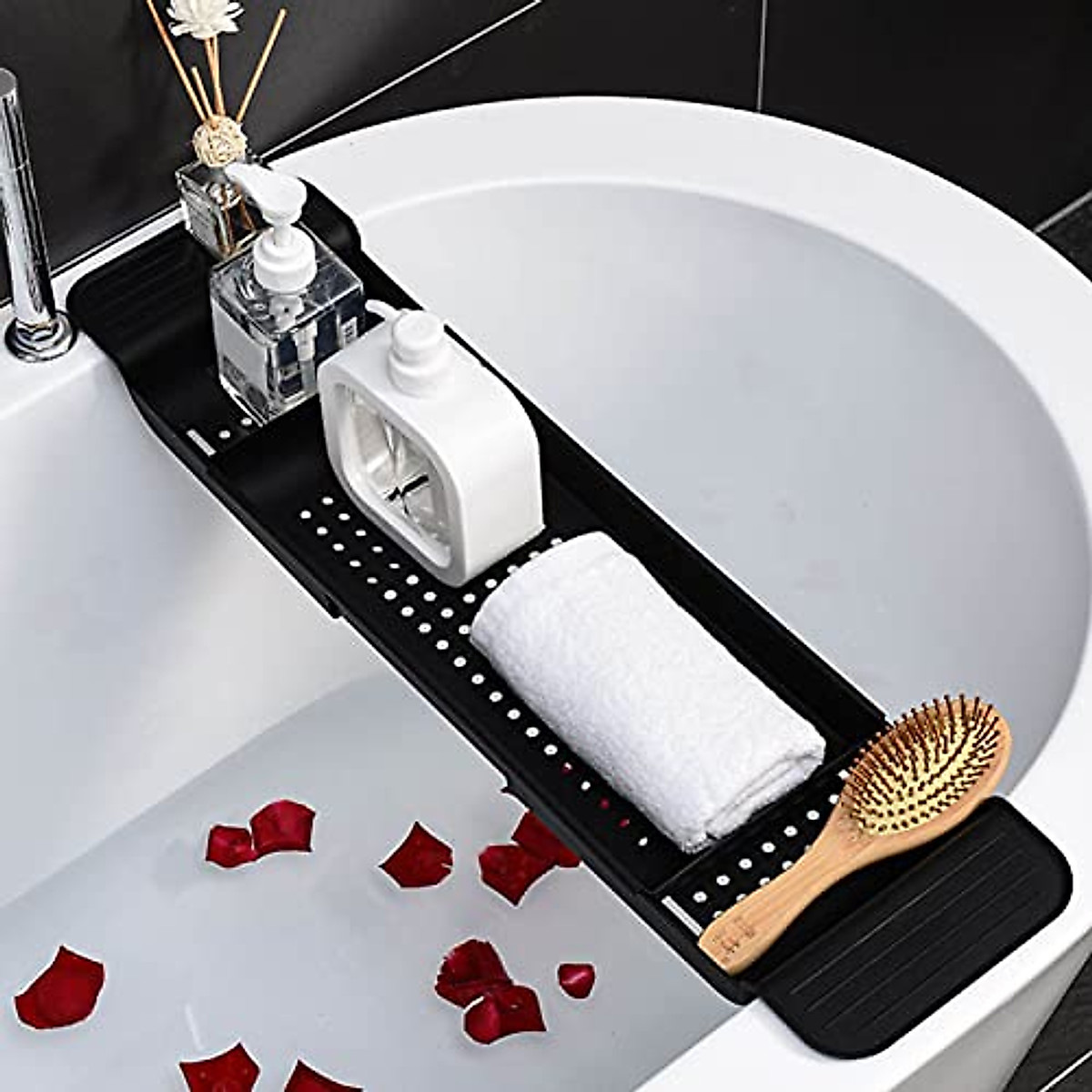 Bathtub Caddy Tray, Bathtub Accessories with Draining Design Breathable Without Moisture, Stable Placement, Can Hold Variety of Items, Expandable Plastic Bath Shelf (Black)