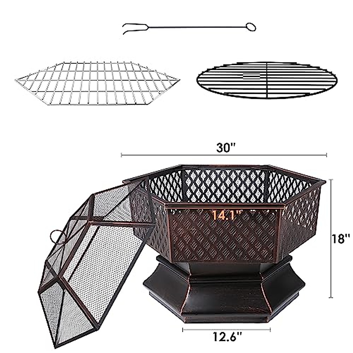 Arlopu 30/28'' Outdoor Grilled Fire Pit, Wood Burning Firepit, Patio Portable Pit, Hex Outside Camp Fireplace, W/ 20in Fire Poker, Spark Screen, 0.8mm Steel Base for Backyard,Terrace,Poolside,Gazebo