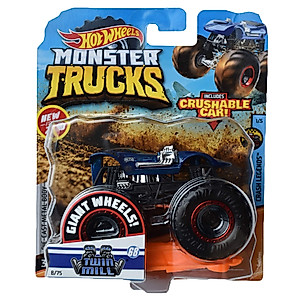 Hot Wheels Monster Trucks 1:64 Scale Twill Mill 8/75 Includes Crushable Car, Blue