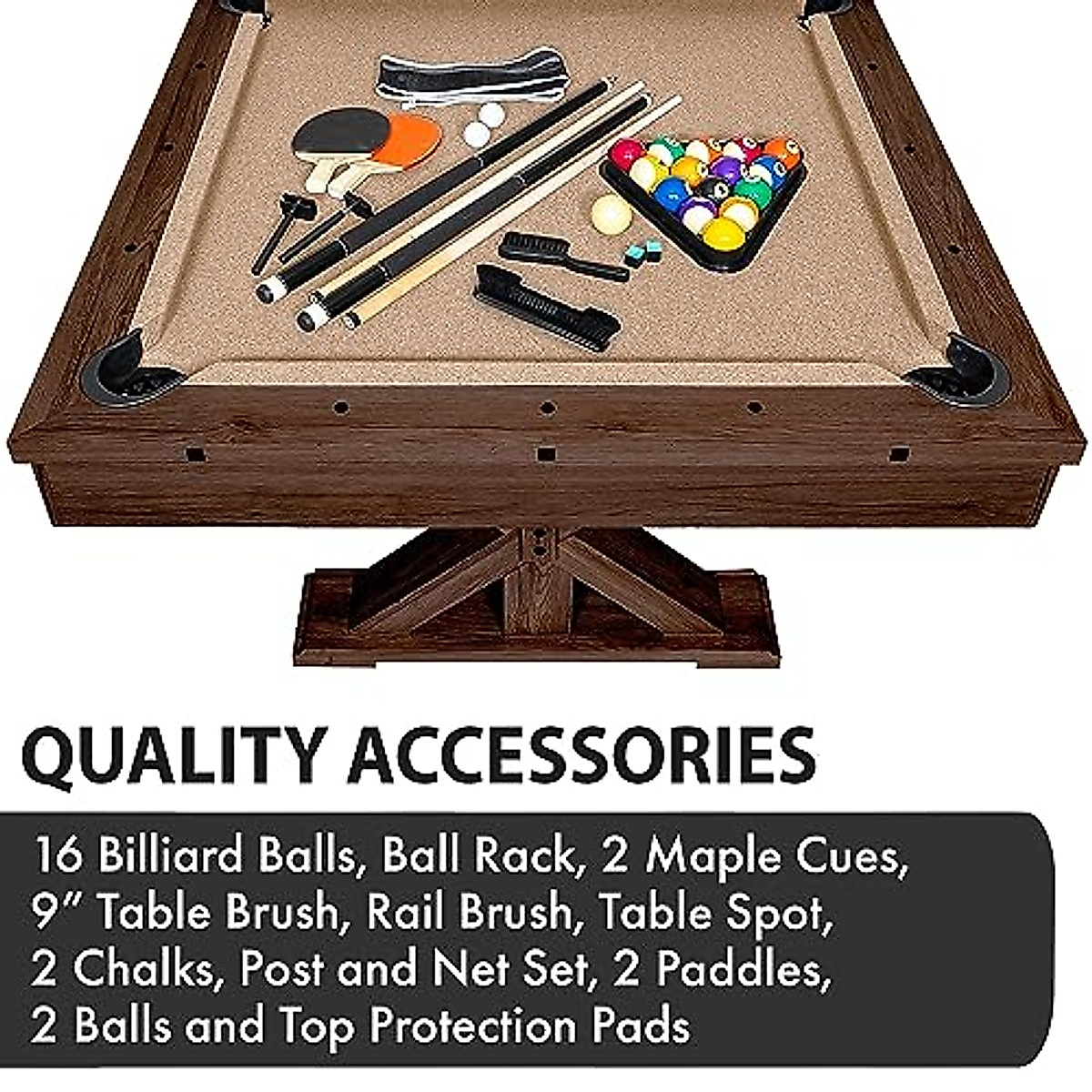 Freetime Fun 3 in 1 Multi Game 7 FT Pool Table with Dining Top and Ping Pong Table with Benches, Includes Billiard Accessories and Tennis Paddles - Combo Table (Espresso)