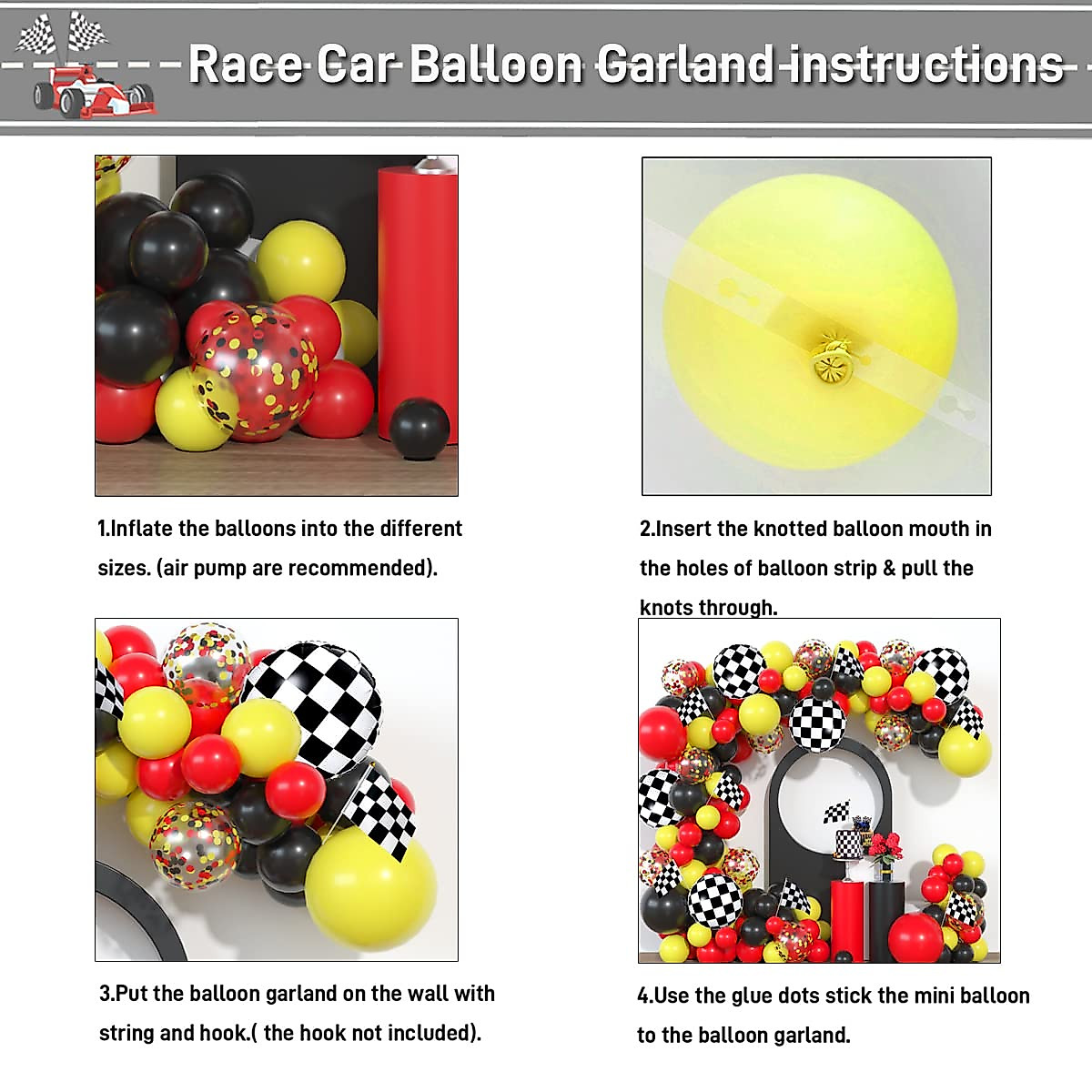 Race Car Balloon Garland Kit Red Black Yellow Latex Confetti Balloons Arch Black White Car Foil Balloons Flag for Baby Shower Cars Truck Party Decorations