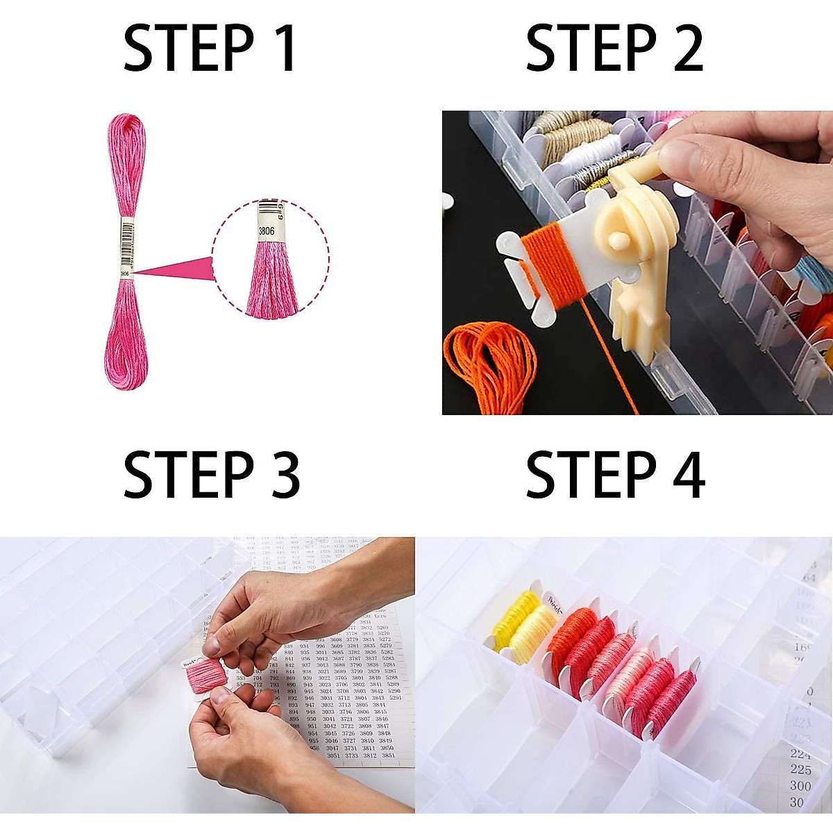 Embroidery Floss Organizer, Cross Stitch Thread Storage Box Tools - Bobbin Winder, 1 Removable 24 Compartments with 40 Hard Plastic Floss Bobbins and Stickers for Craft DIY Embroidery Sewing Storage