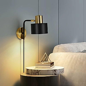 VUCICA Rotatable Gold Wall Lamp with Plug in Cord and Switch Plug in Wall Sconce Black Bedside Reading Light E27 Adjustable Modern Wall Lighting Fixture for Bedroom Bed Side Hotel Study Room