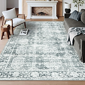 Area Rug 8x10 Vintage Rug Large Washable Rugs for Living Room Non Slip Low Pile Bedroom Rugs Distressed Thin Floor Carpet Stain Resistant Retro Accent Rug for Kitchen Dining Table Home Office