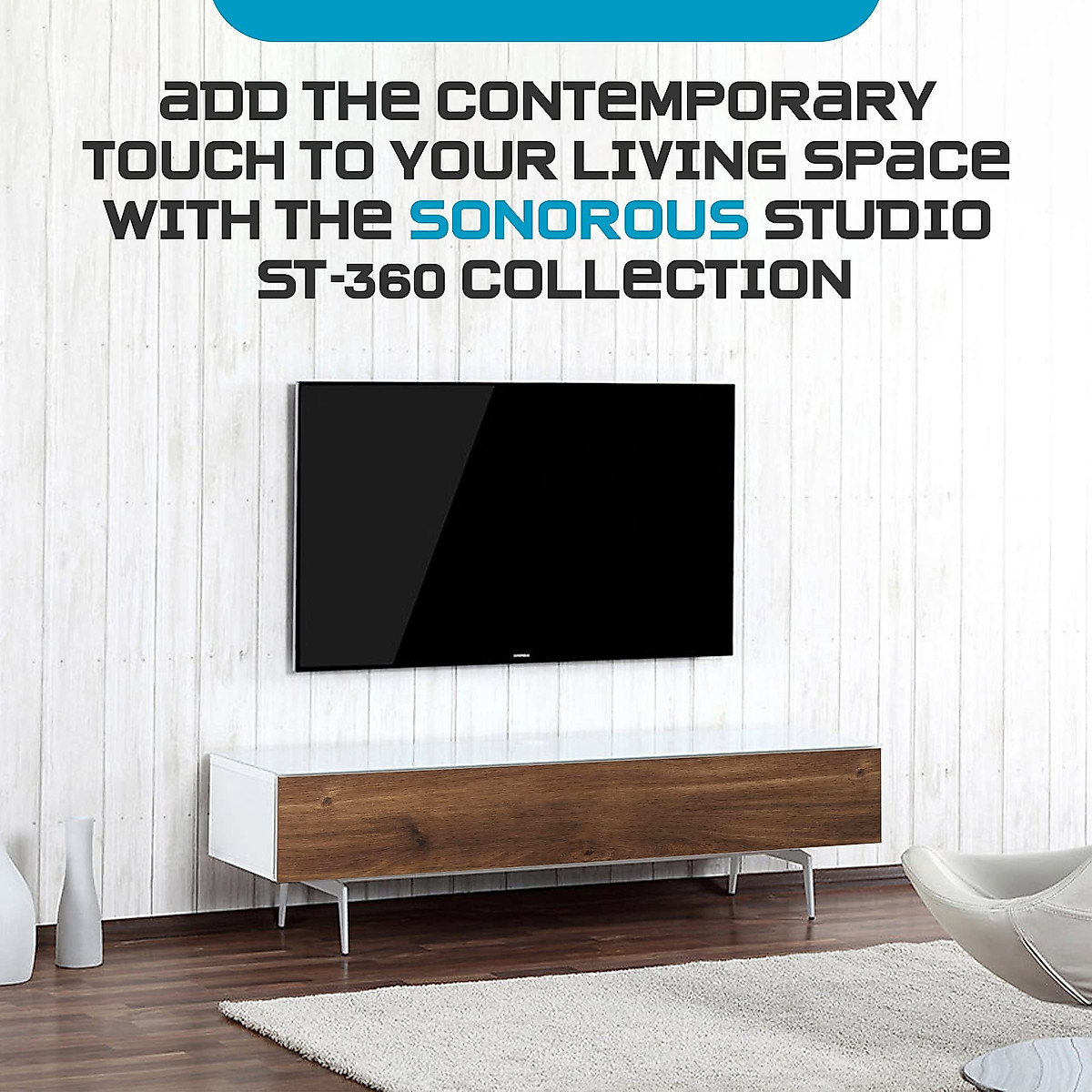 SONOROUS ST-360 Premium TV Stand for Living Room - Luxury Wood & Glass Media Console with Metal Legs - Modern Media Furniture with Storage - White TV Table Support up to 75" - Walnut Wood Cover