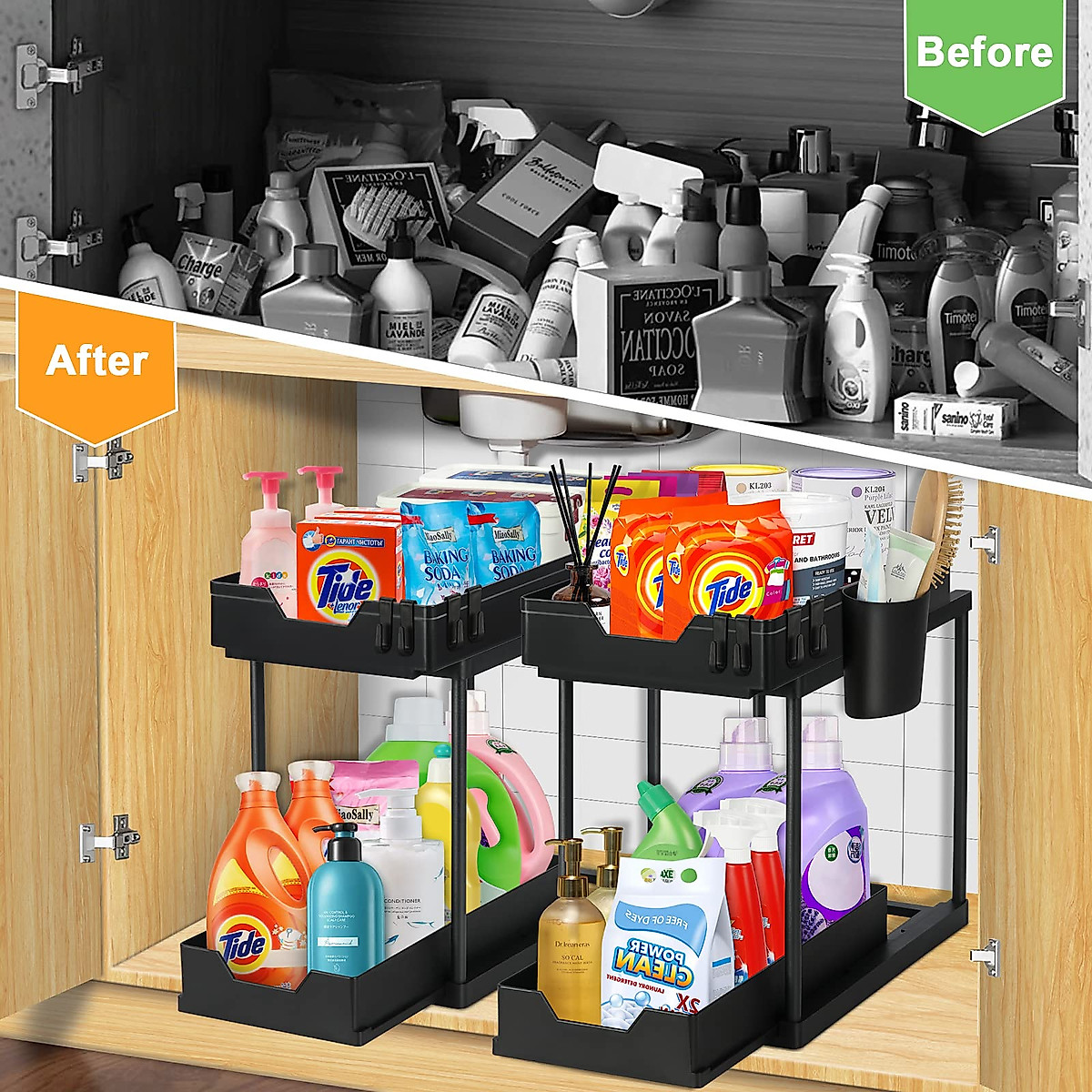 ENOMY 2 Pack Double Sliding Under Sink Organizers and Storage, 2 Tier Under Cabinet Organizer with Hooks & Hanging Cups Multi-Purpose Under Sink Shelf Organizer for Bathroom Kitchen, Black